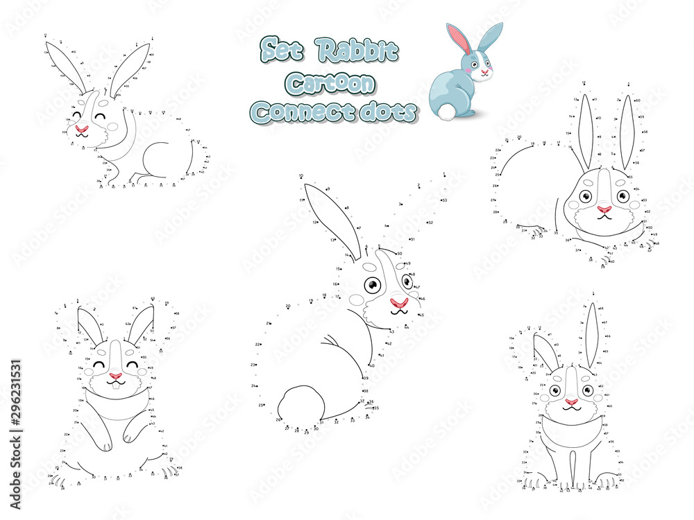 Set Connect The Dots and Draw Cute Rabbits Cartoon. Educational Game ...