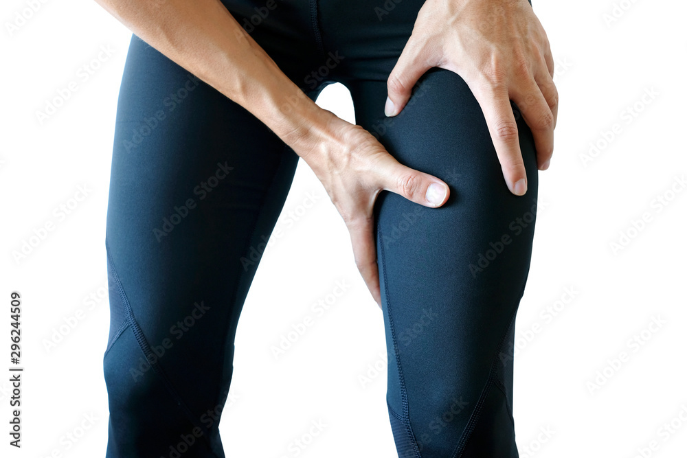 athlete has a leg injury and his Thigh holds the leg muscles painfully ...