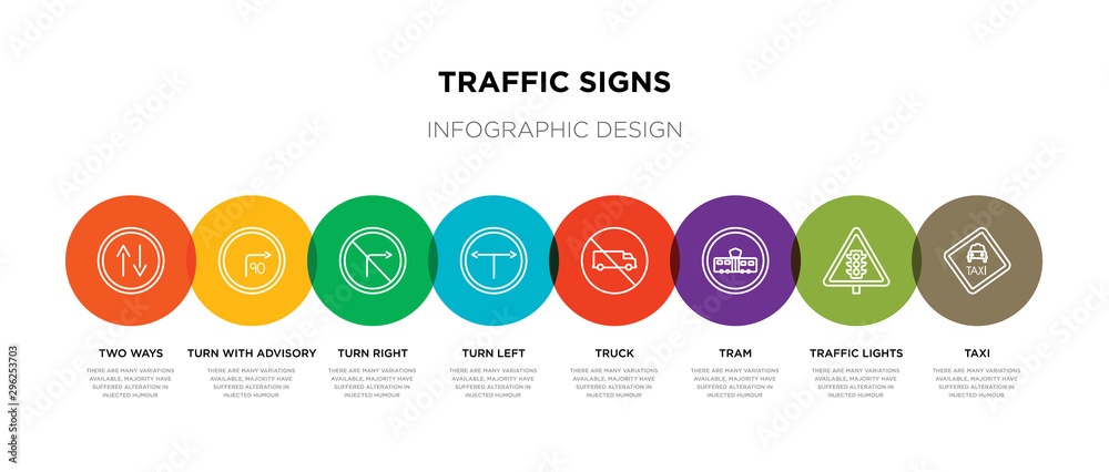 Vetor de 8 colorful traffic signs outline icons set such as taxi ...