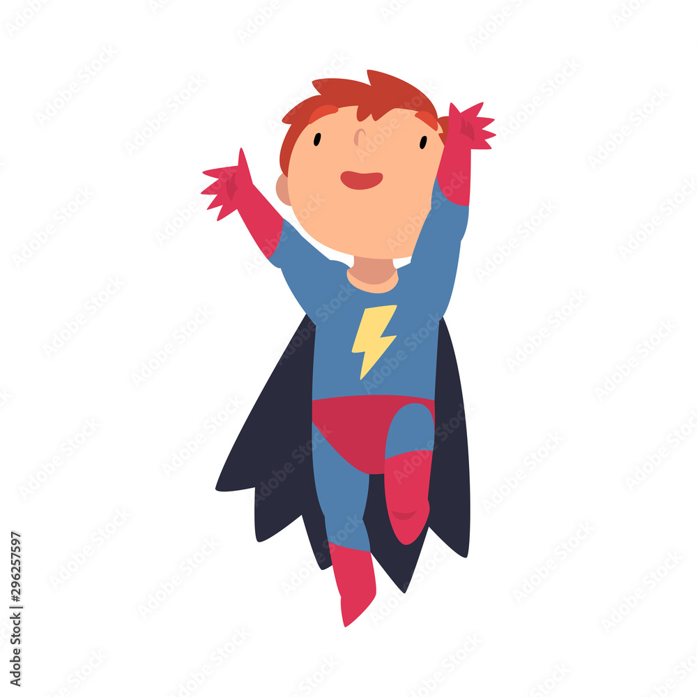 Boy in a superhero costume joyfully jumps cartoon vector illustration ...