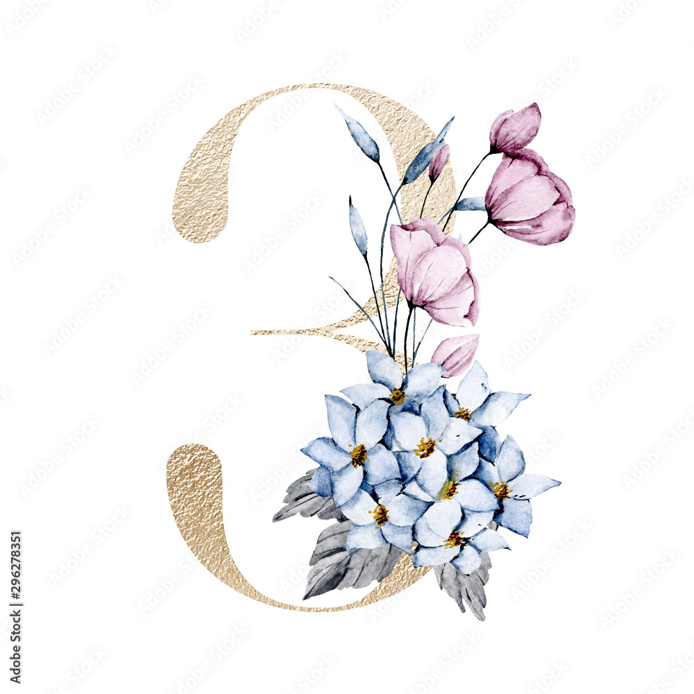 Gold number 3 with watercolor flowers and leaf. Perfectly for ...