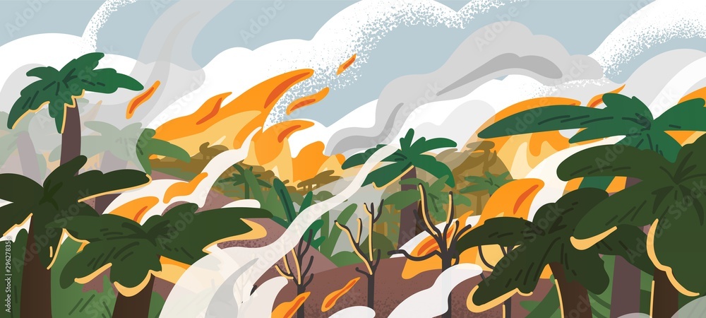 Amazonian forest fire panorama flat vector illustration. Tropical ...