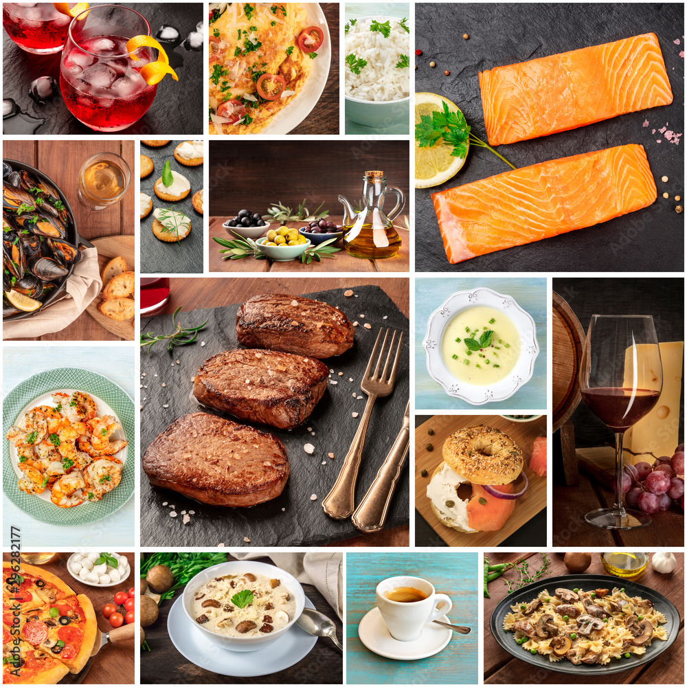 Food Collage. Many photos of tasty dishes, a square design template for ...