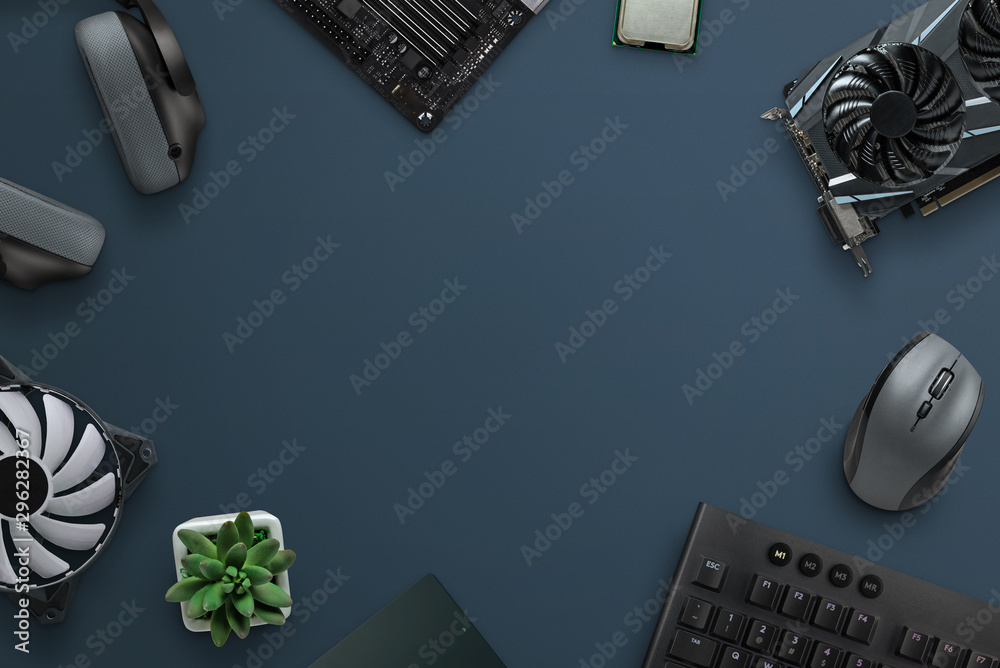 Computer shop and service work desk with pc components and copy space ...