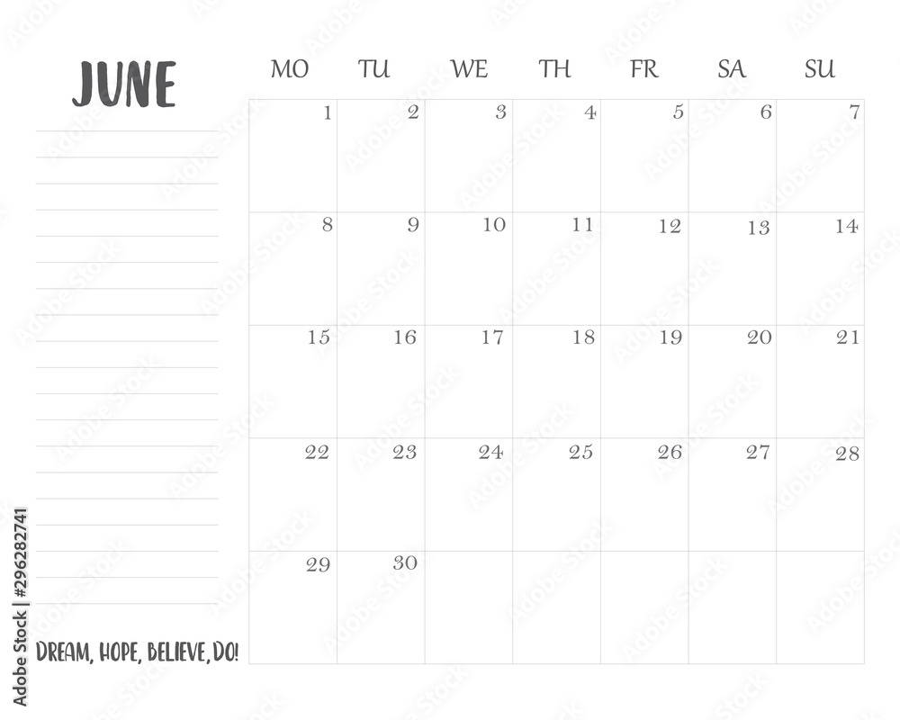 Simple calendar and planner 2020 for June with To Do List and ...