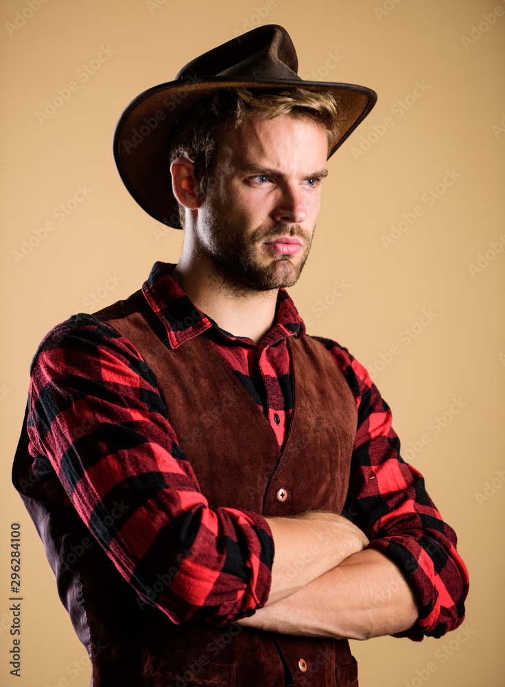 wanted. western cowboy portrait. man checkered shirt on ranch. Vintage ...