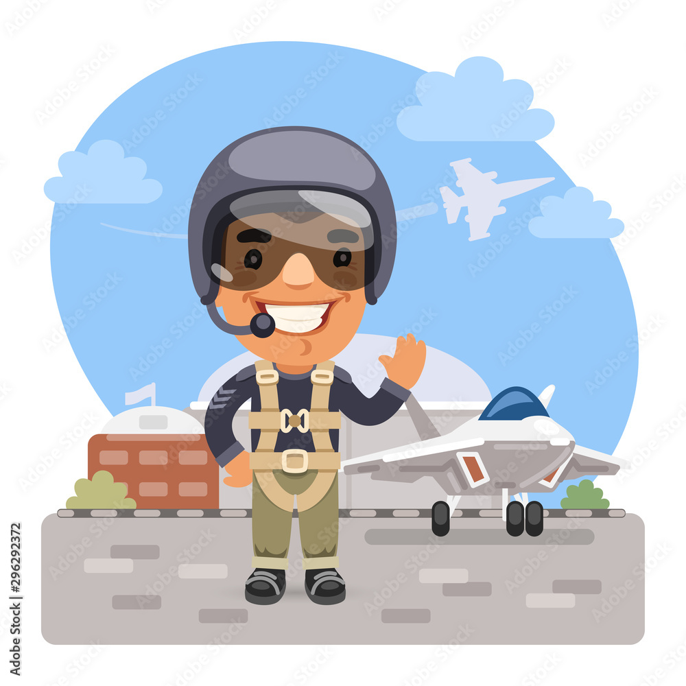 A cartoon smiling pilot stands in front of a military airfield and ...