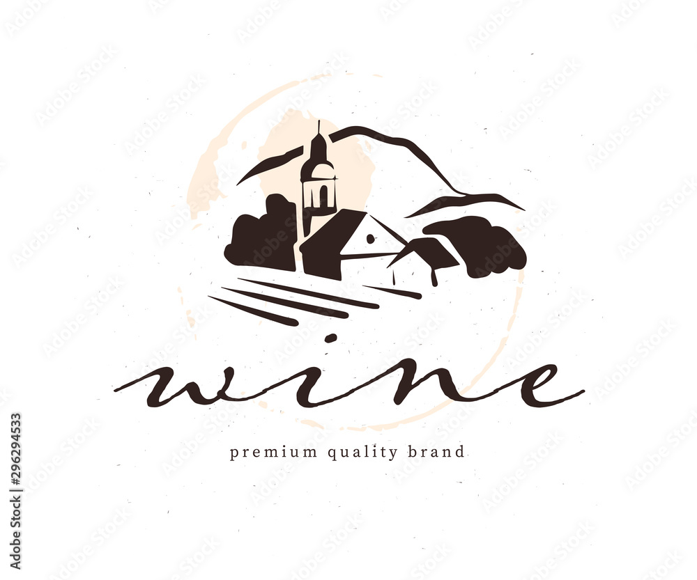 Vector wine label logo design template with hand drawn landscape ...
