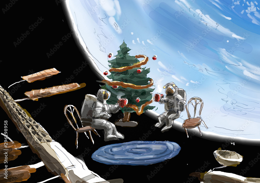 Cartoon of astronauts outside space station in orbit having cocoa with ...