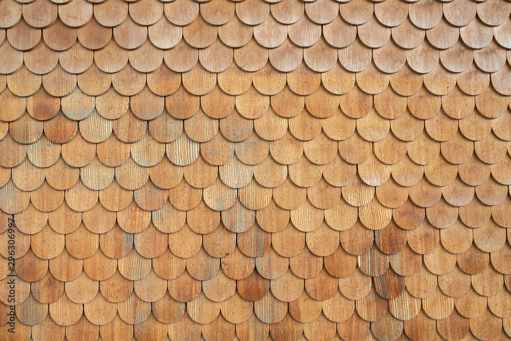 Traditional facade cladding with brown roof shingles Stock Photo ...