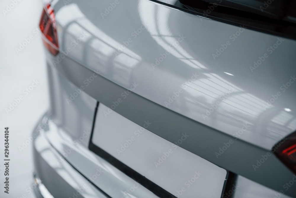 Automobile trunk. Particle view of modern luxury white car parked ...