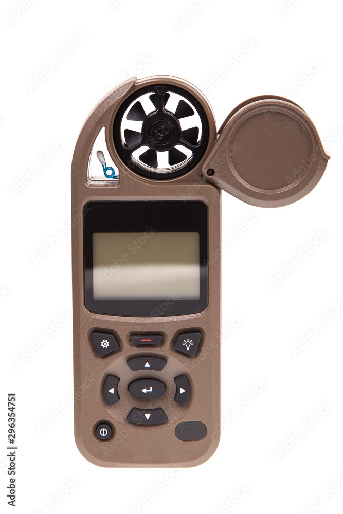 Digital handheld anemometer isolated on white background. environmental ...