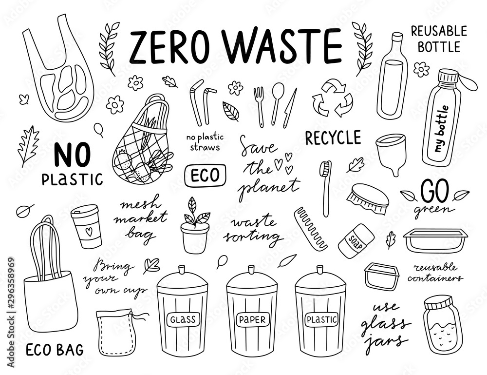 Zero waste hand drawn outline set. Vector ecology lifestyle set on ...