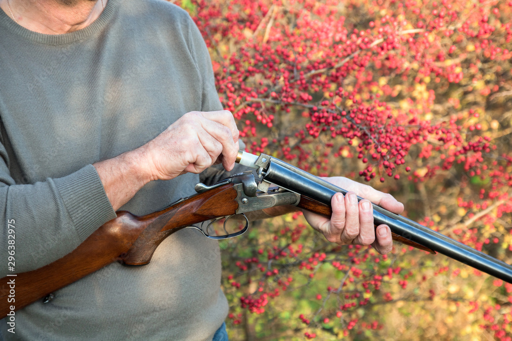 The man hunter charging the double-barreled shotgun with cartridges. 16 ...