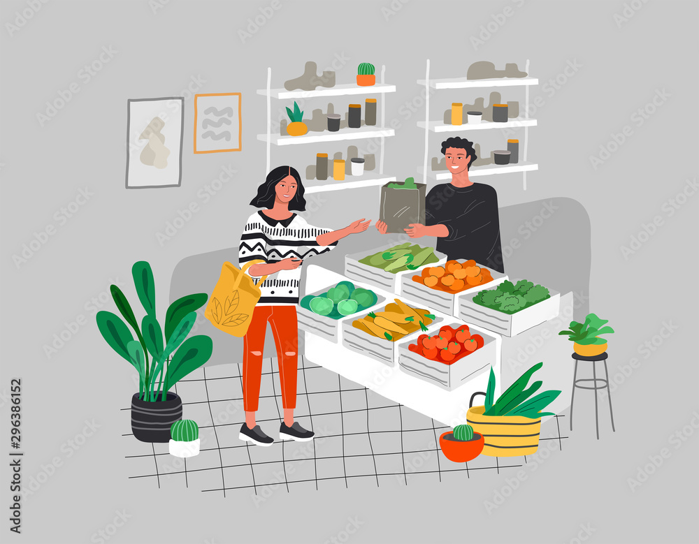 Girl grocery shopping healthy green eco food in a store or market ...