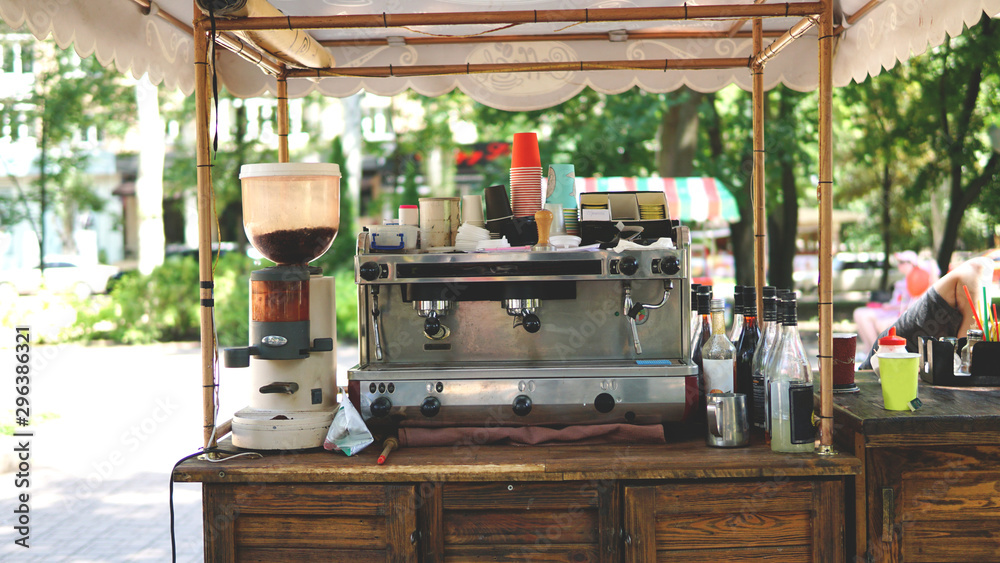 Mobile coffee counter with coffee machine in park Stock Photo | Adobe Stock