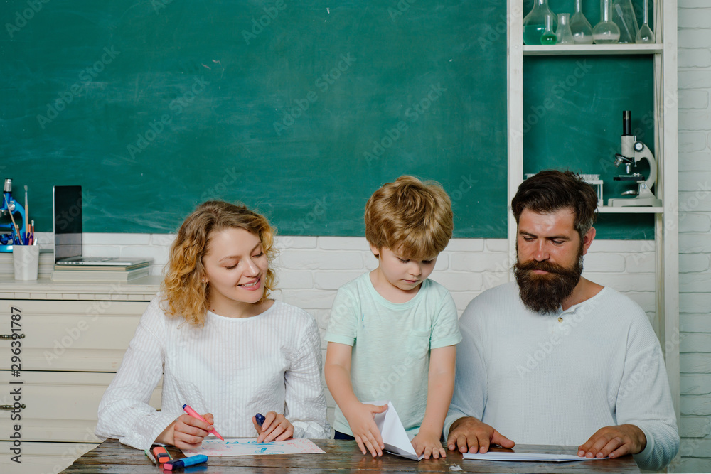 Parent taking child to school. Pupil learning letters and numbers ...