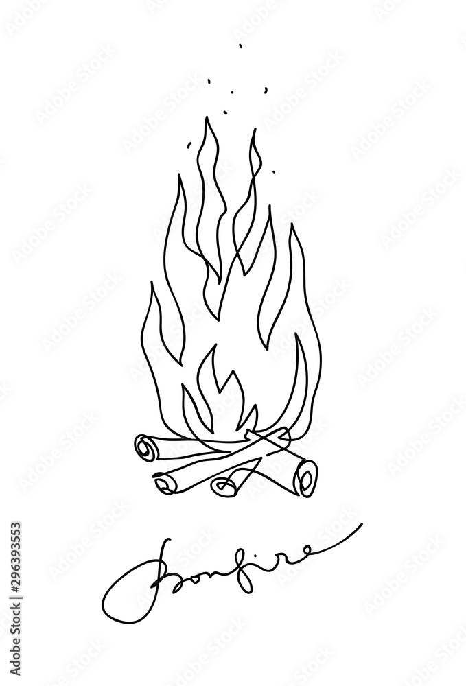 Bonfire icon. Campfire sketch line art drawing style. Continuous line ...