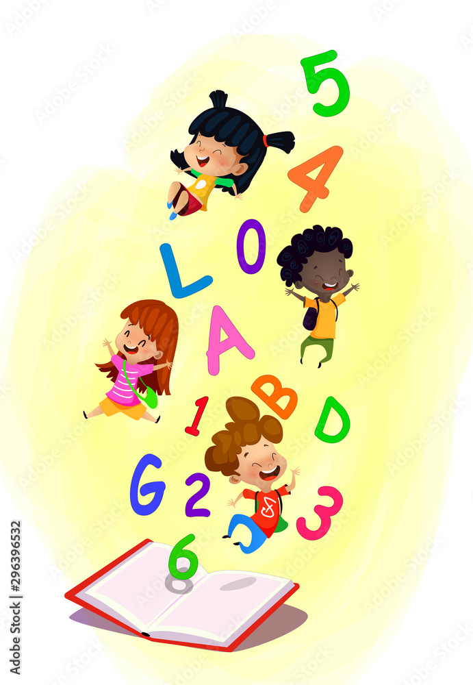 Cartoon kids jumping over the open book Stock Vector | Adobe Stock