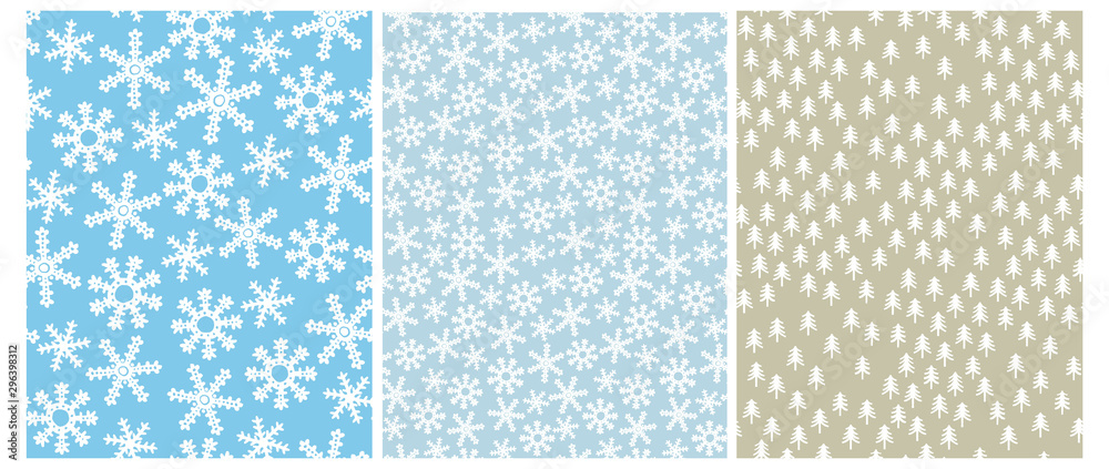 Cute Simple Christmas Trees and White Snow Vector Patterns. White Trees ...
