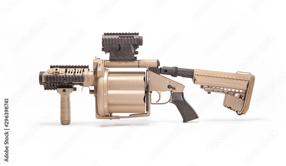 Tan grenade launcher facing right in studio on white background. Stock ...