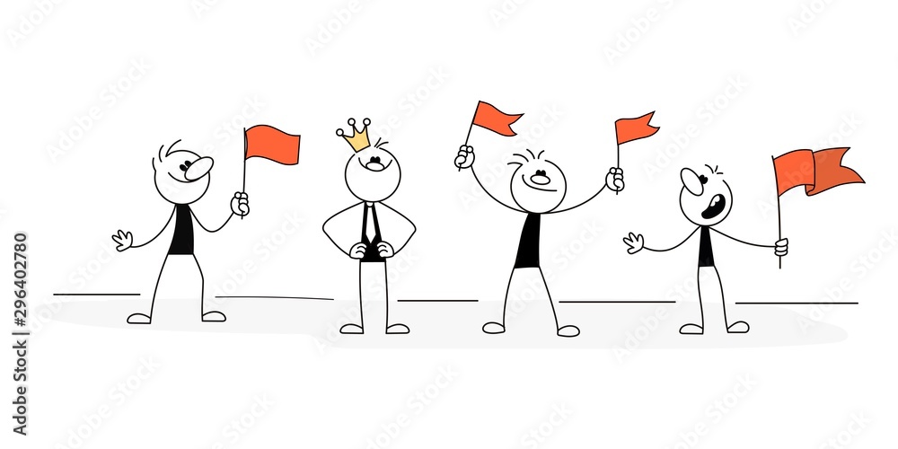 Doodle stick figure: Sketch set of men with flags and crown. Doodle ...