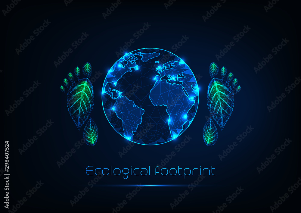 Ecological footprint concept with futuristic glow low polygonal planet ...