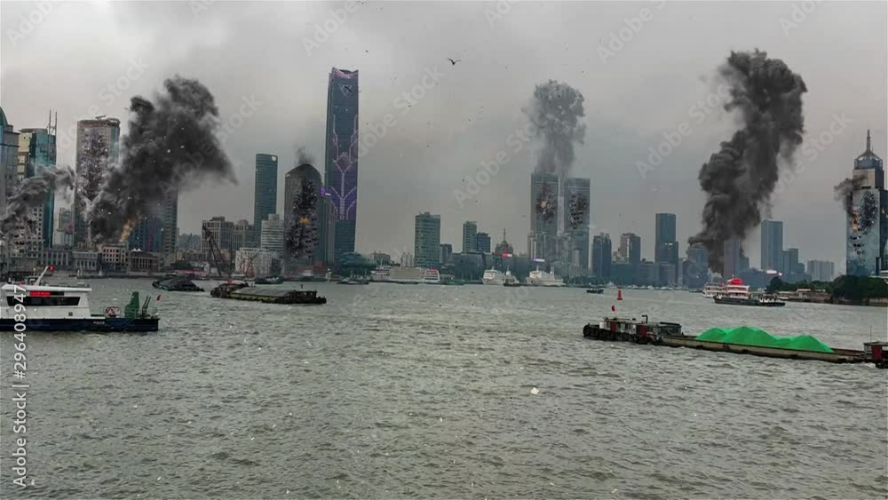 China Shanghai Under Attack with buildings destroyed Illustration ...