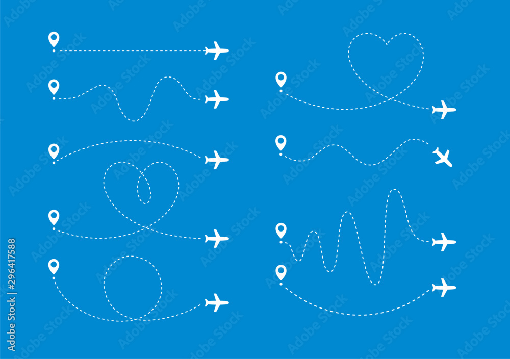 Plane path set. Flying airplane along certain curve lines way from ...