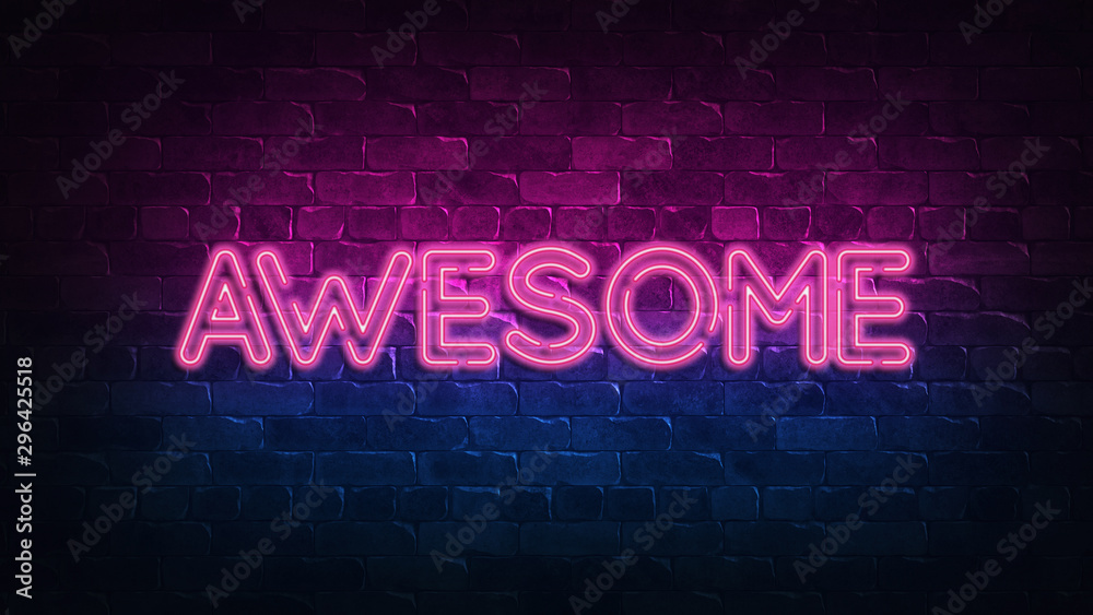 Awesome neon sign. purple and blue glow. neon text. Brick wall lit by ...