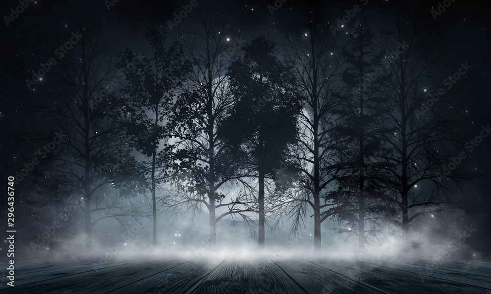 Dark forest. Gloomy dark scene with trees, big moon, moonlight. Smoke ...