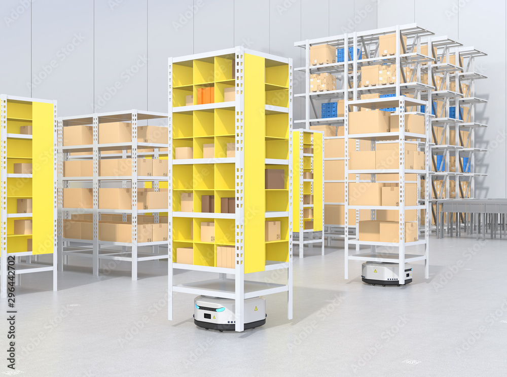 Autonomous Mobile Robots delivering shelves in distribution center ...