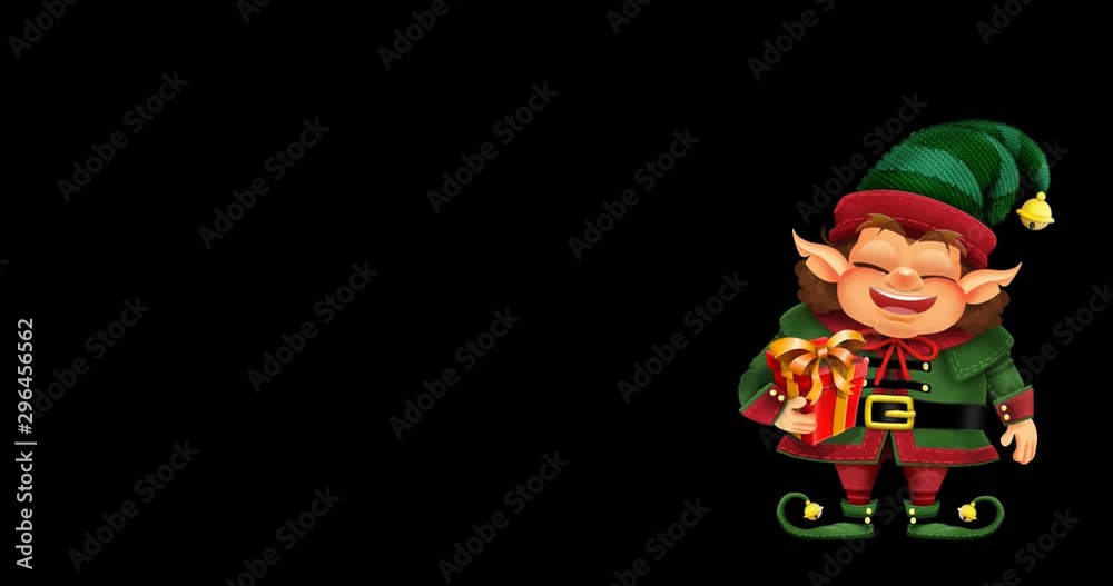 4k Animated illustration of happy Christmas elf holding present on ...