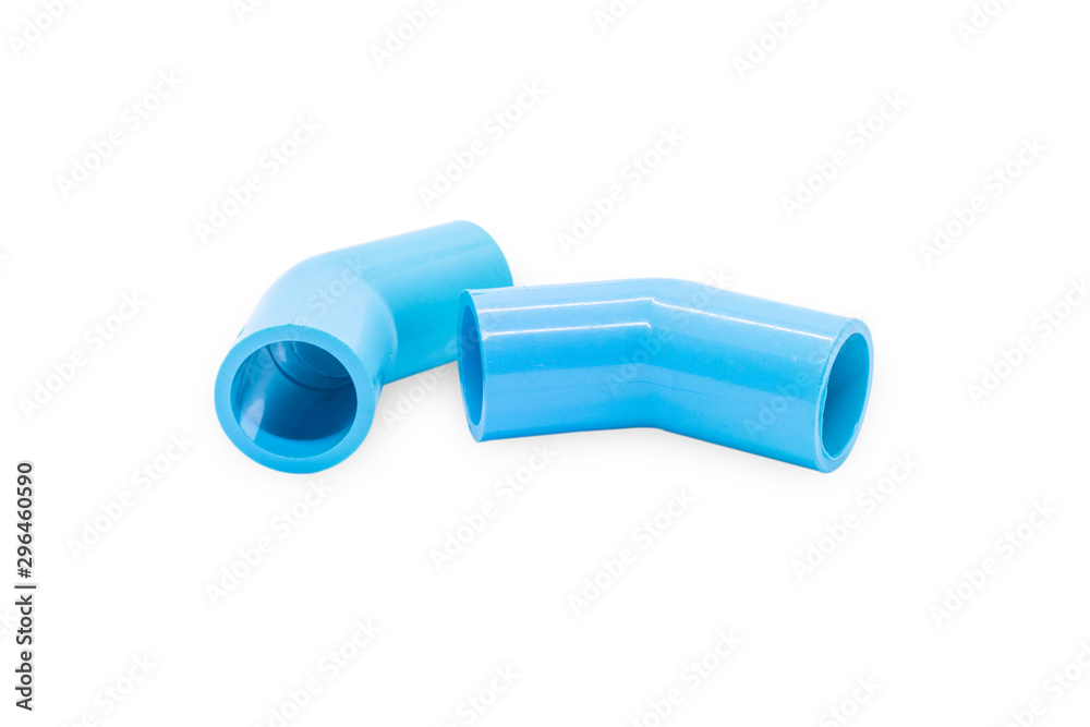 PVC blue pipe elbow 45 degree connect fitting isolated white background ...