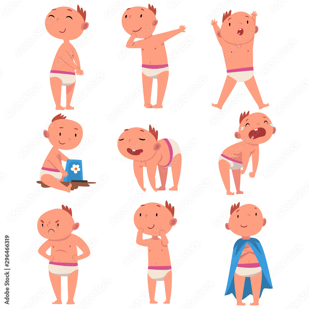Child characters. Baby girl in different situations cartoon vector ...