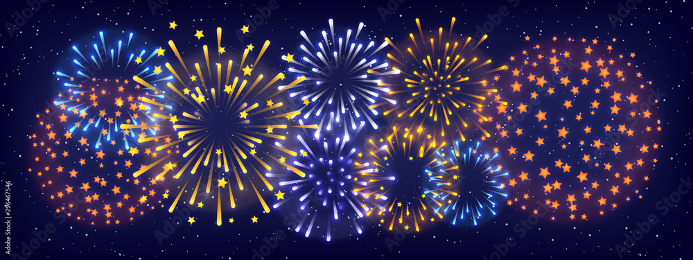 Shiny color fireworks on starry sky background - horizontal panoramic ...