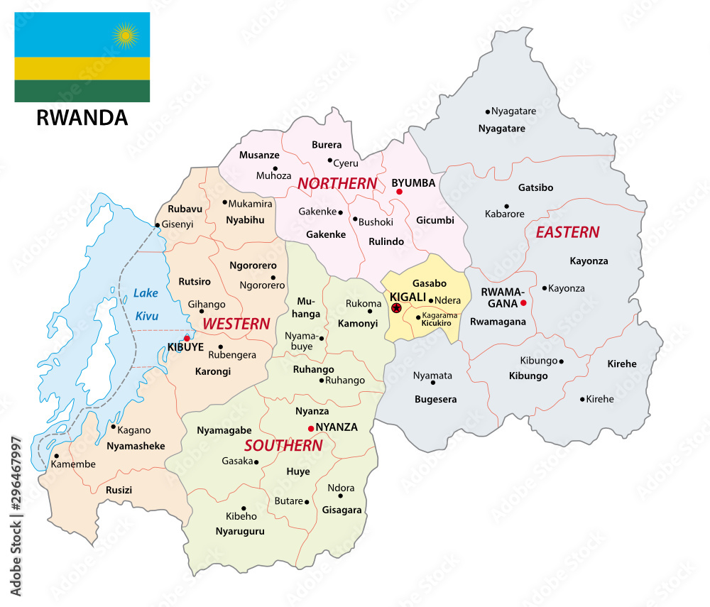 administrative map of the african state Republic of Rwanda with flag ...