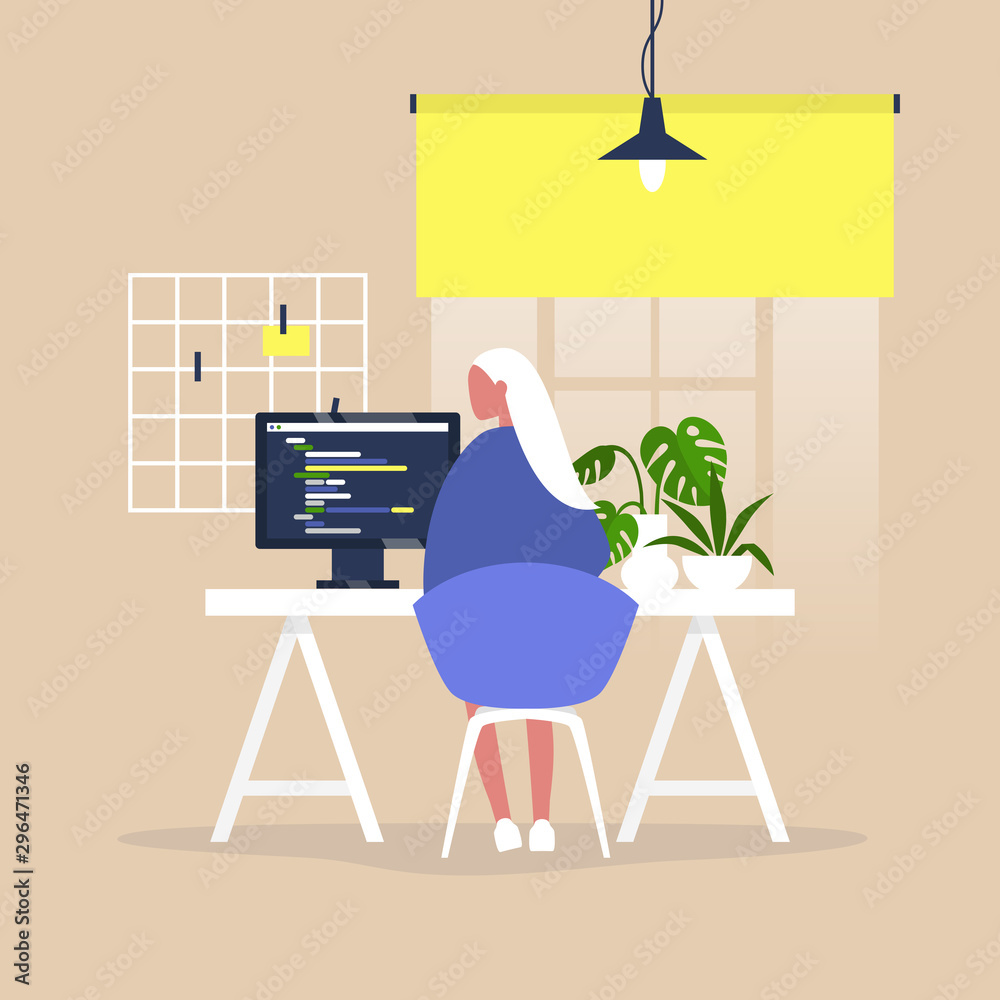 Tech industry, Young female web developer writing a code on a desktop ...