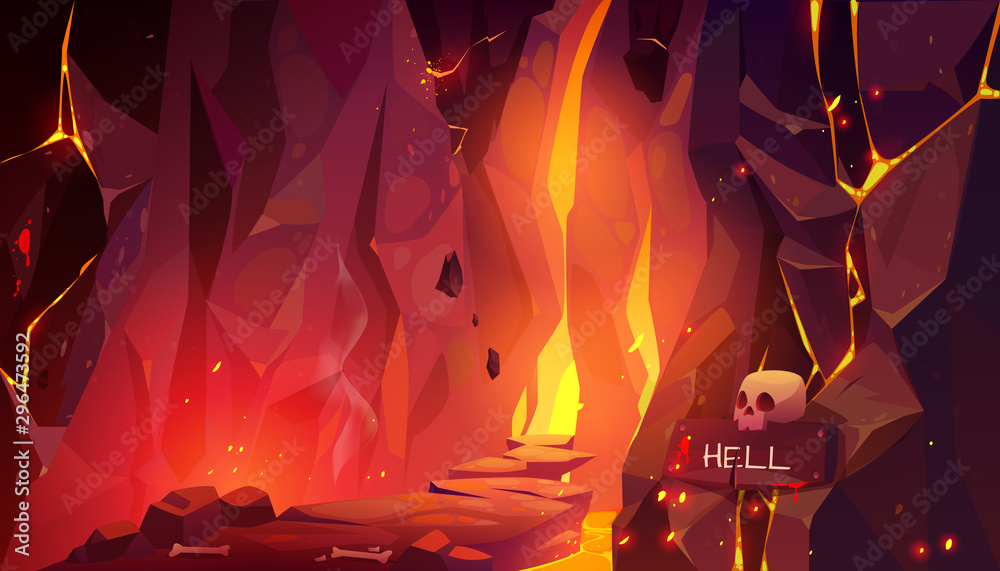 Road to hell, infernal hot cave with lava and burning fire, path paved ...