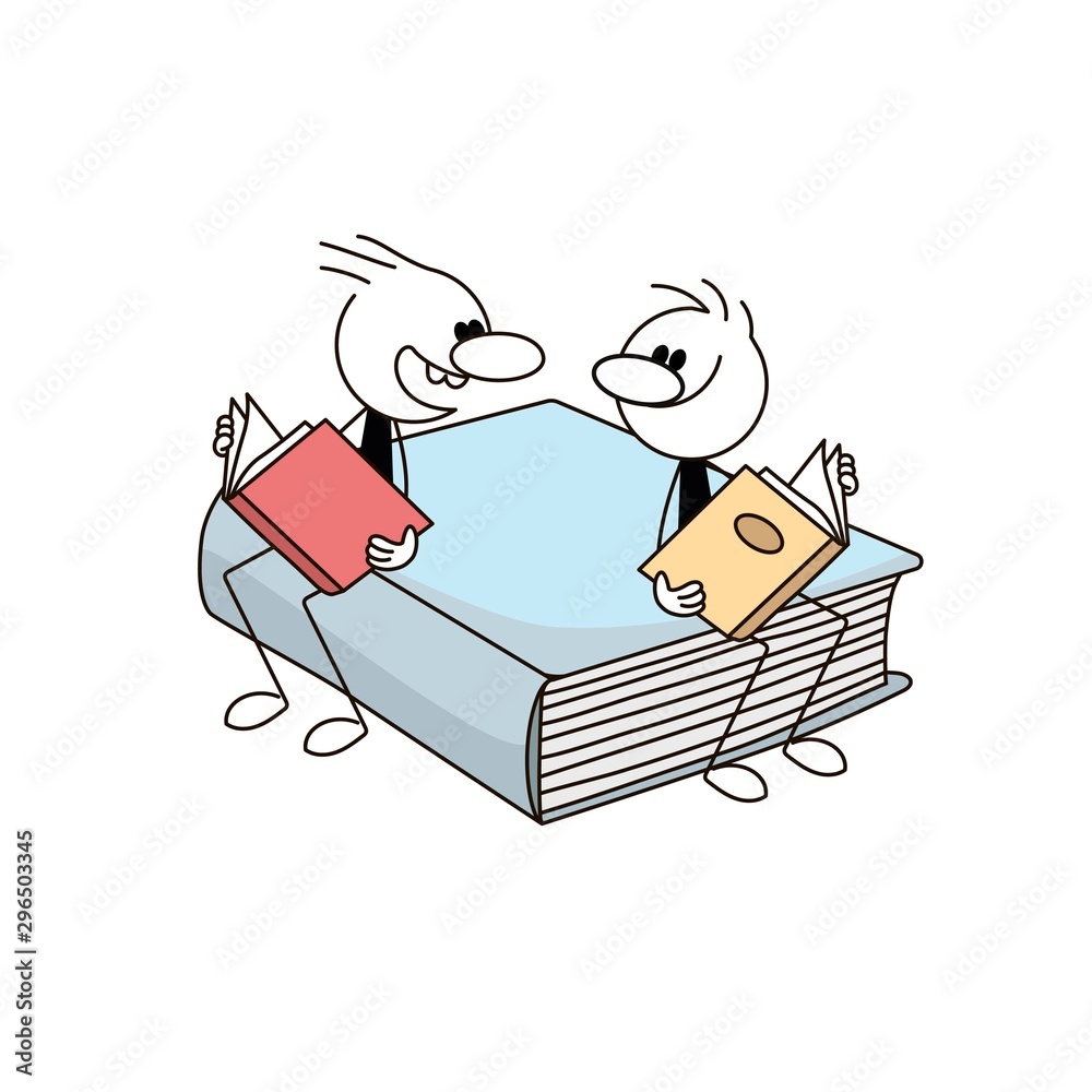 Doodle stick figure: Reading people sitting on big book. Hand drawn ...