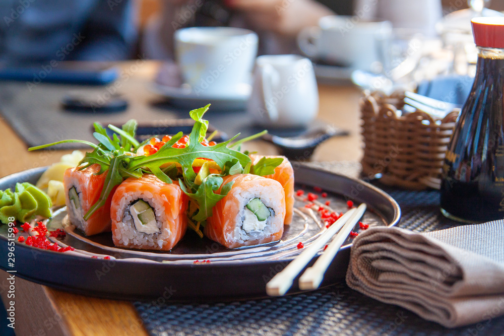 Sushi roll japanese food in restaurant. California Sushi roll set with ...