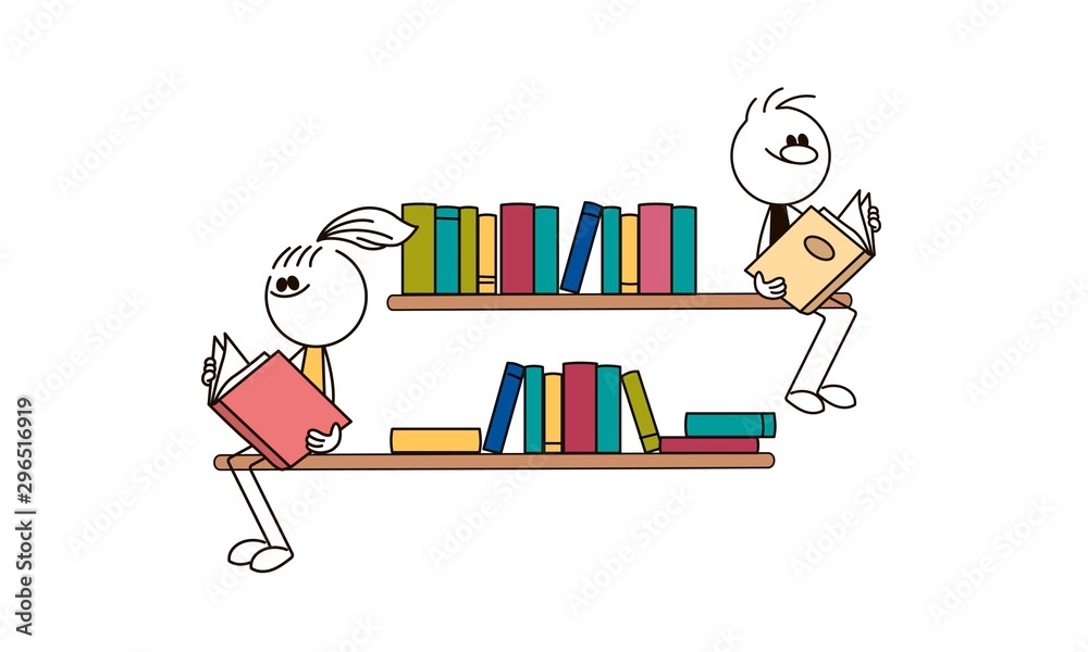Doodle stick figure: Reading little people on bookshelves. Hand drawn ...