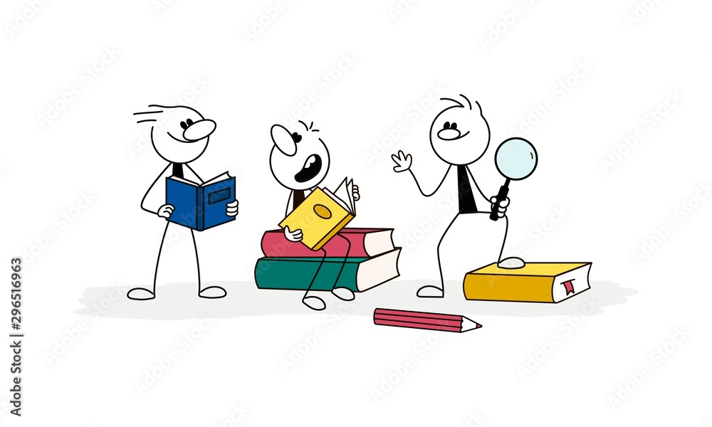 Doodle stick figure: People with books. Hand drawn cartoon vector ...