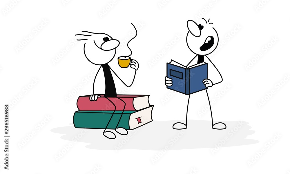 Doodle stick figure: Man with cup siting on stack of books, boy reading ...