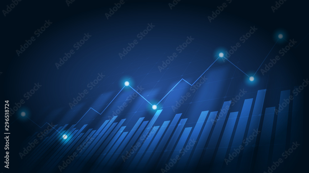 Abstract financial graph with uptrend line and bar chart of stock market on green color ...