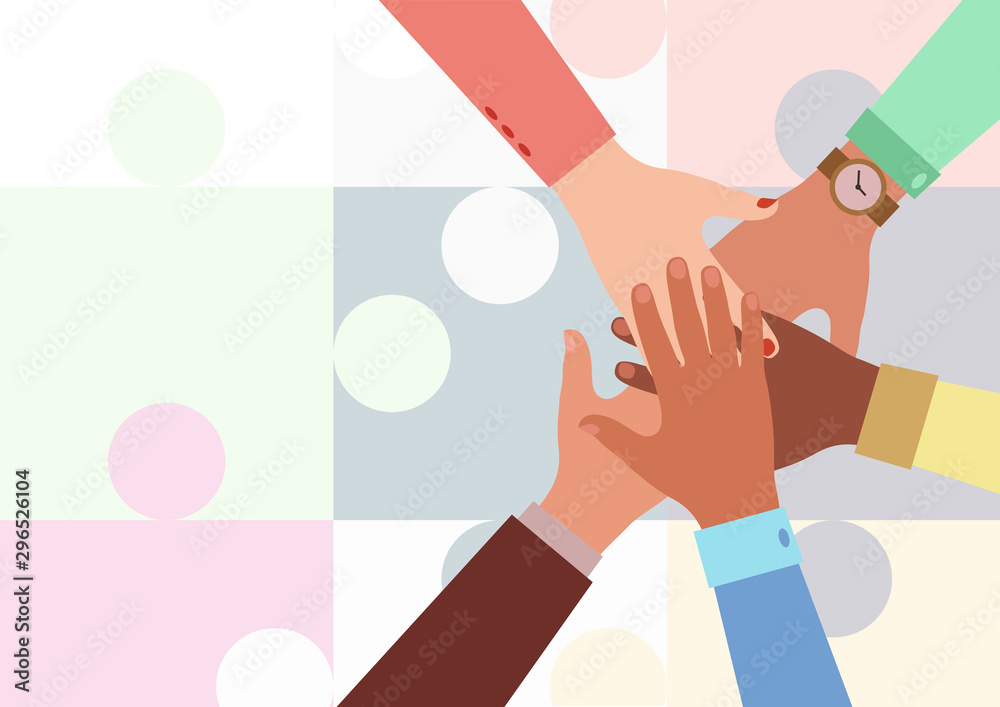 Hands of diverse group of people putting together on a puzzle ...