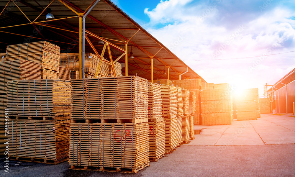 Warehouse interior, pallets with goods. Open-air. Transportation and ...