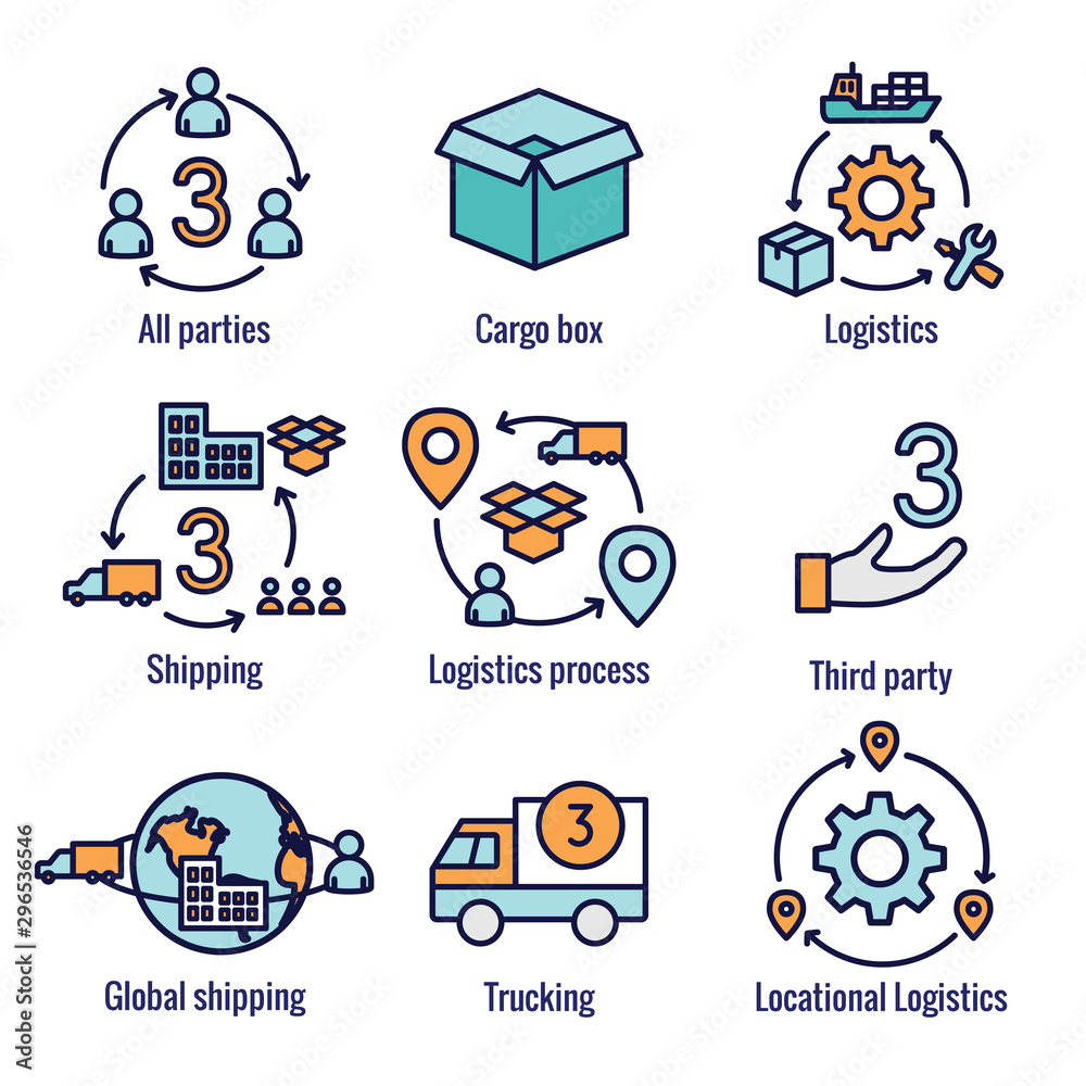 Logistics icon set with buildings, trucking, people & shipping box ...