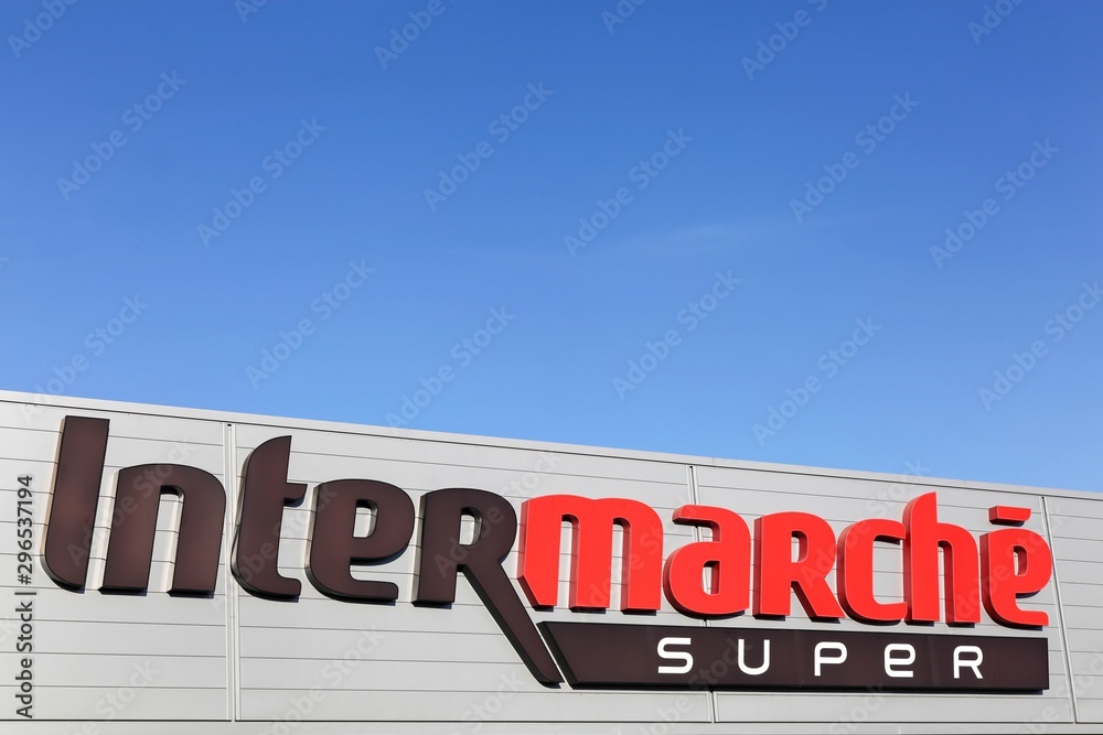 Villefranche, France - January 24, 2016: Intermarche logo on a facade ...