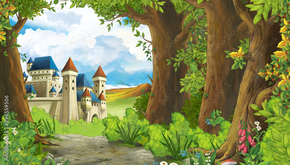 Cartoon nature scene with beautiful castle near the forest ...